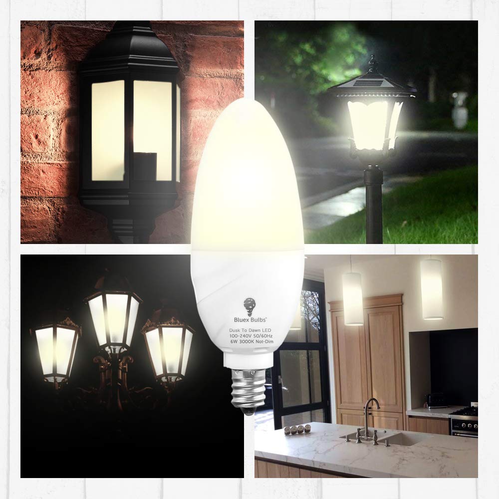 6 Pack Bluex Dusk to Dawn LED Bulbs, 6W E12 Base Light Bulb - 65W Equivalent β 3000K WarmLight White - Smart Light Sensor Candelabra Bulb, Home Security Indoor, Outdoor, Driveway, Yard, Porch Lighting