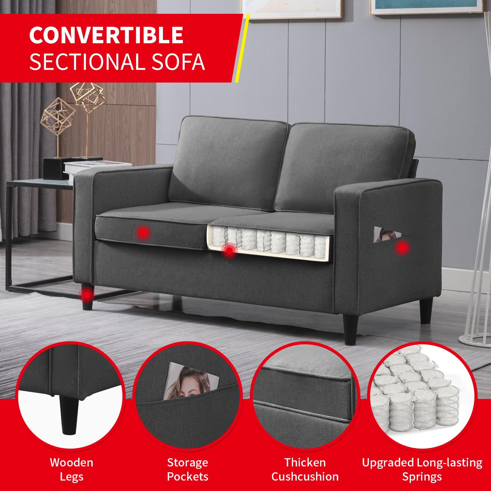 PUREMIND Loveseat Sofa, 54 inch Linen Fabric Small Couch, Modern Upholstered Love Seat Mini Couch with Armrest Pockets, 2 Seater Small Sofa for Small Spaces, Bedroom, Living Room, Office (Dark Gray)