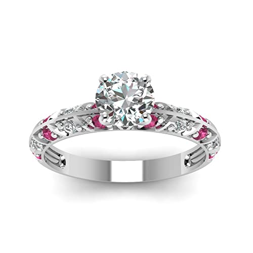 55Carat Pave Knife Edge Ring sterling silver Created Pink Sapphire Round shape Pink color Side Stone Engagement Rings pave Setting in Size 12 Minimal Surprise Gifts for Ladies
