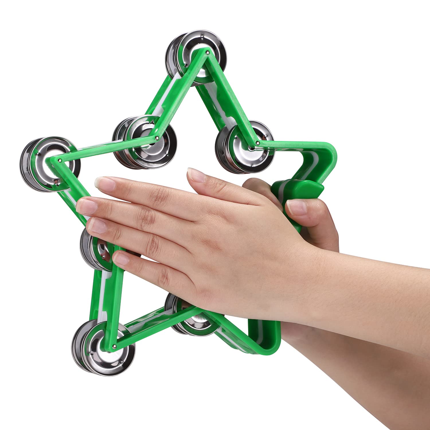 Facnogu 1 Pair Pentagram Handheld Tambourine Handbell Timbrel, Double Row Musical Percussion Instrument with 28 Nickel Steel Jingles - Green