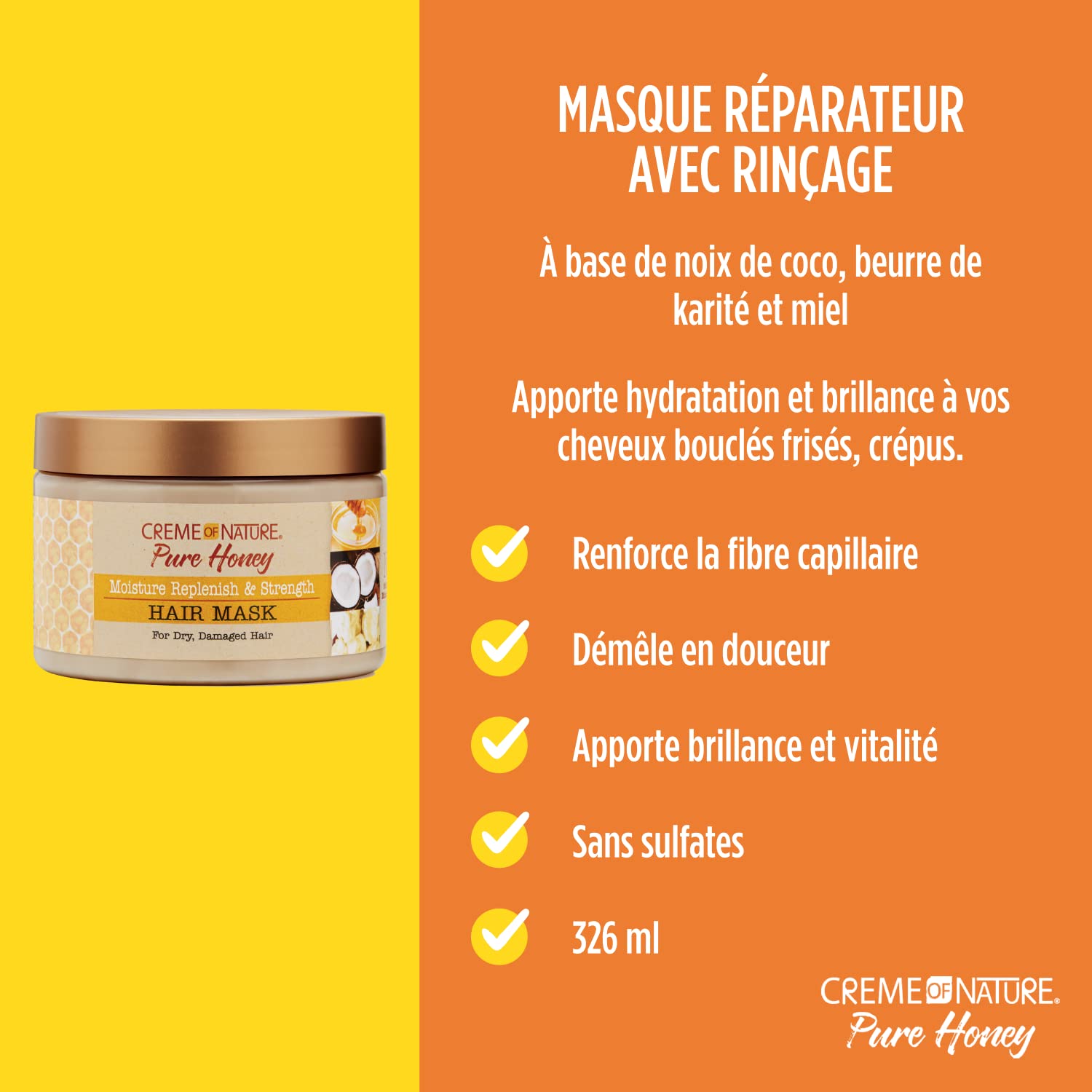 Hair Mask by Creme of Nature, Pure Honey, Coconut Oil and Shea Butter Formula, Moisture Replenish & Strength, 11.5 Oz