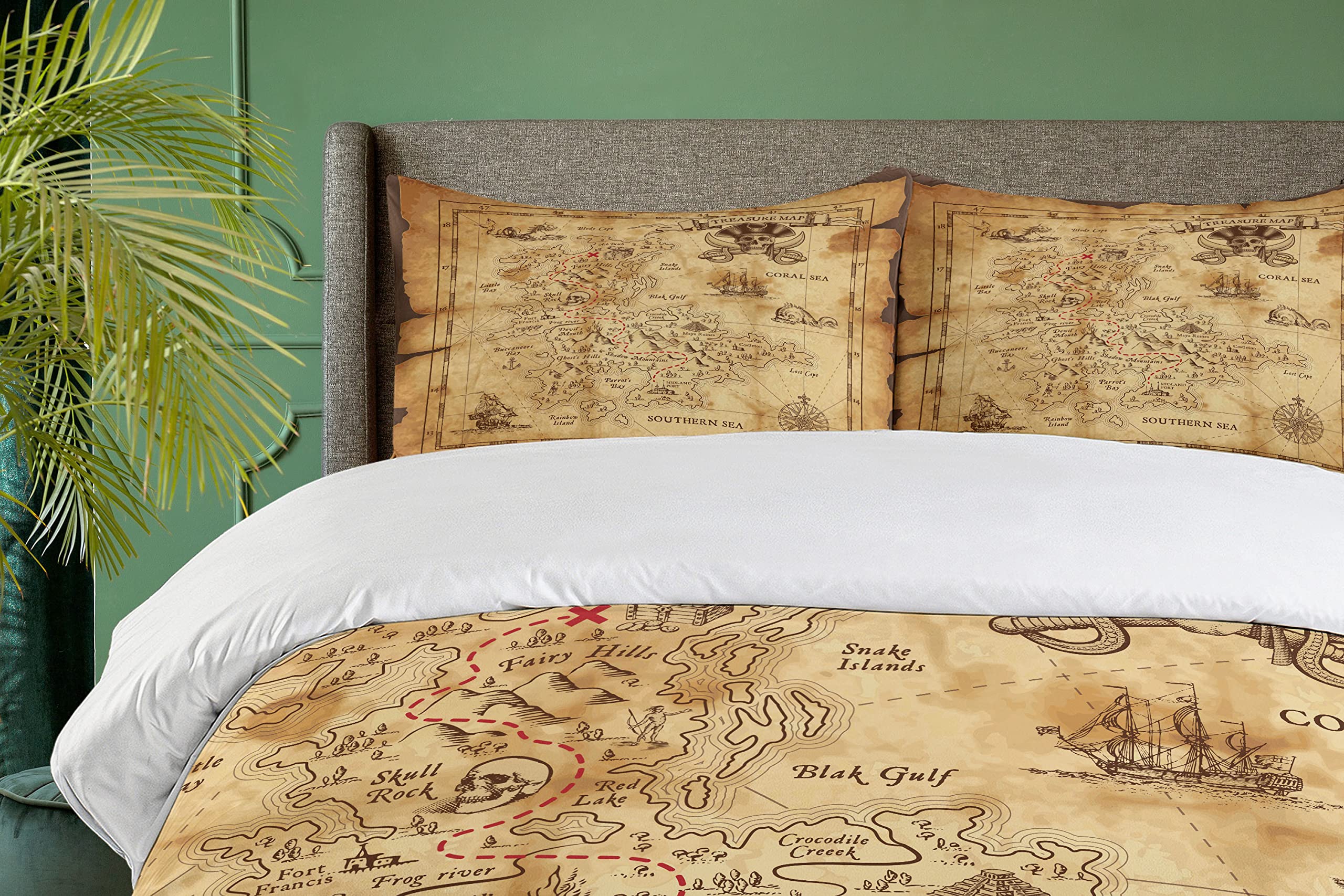 Ambesonne Island Map Duvet Cover Set, Super Detailed Treasure Map Grungy Rustic Pirates Gold Secret Sea History Theme, Decorative 3 Piece Bedding Set with 2 Pillow Shams, Queen Size, Beige Brown