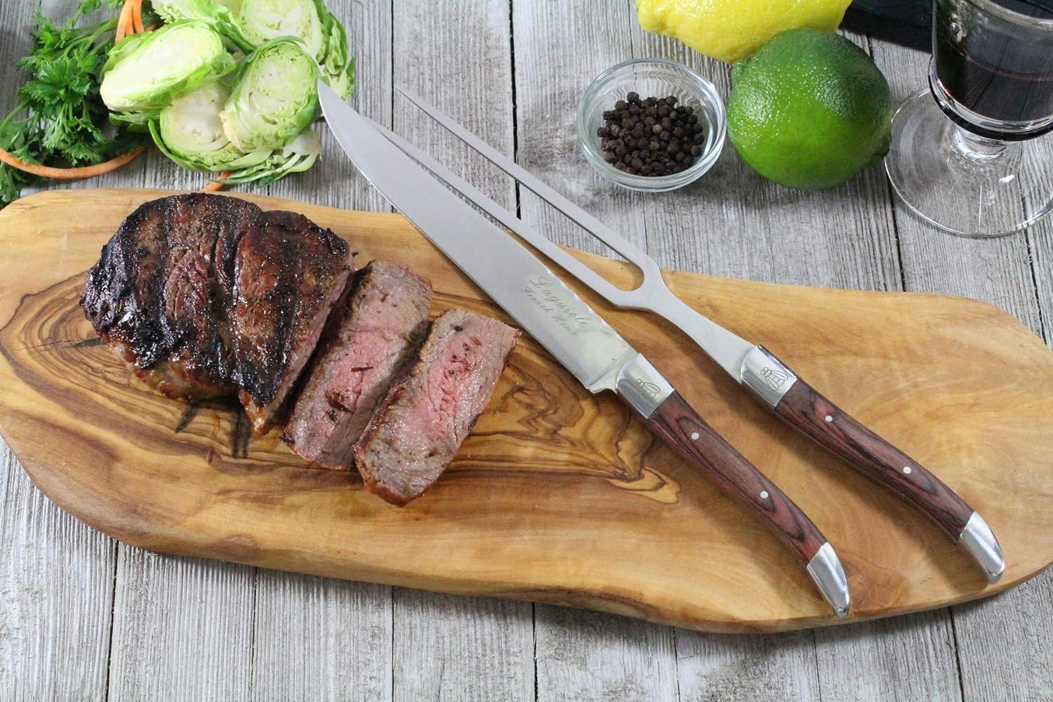 French Home Laguiole Carving Knife and Fork Set - Stainless Steel Knife & Carving Fork Cutlery Set with Pakkawood Handles, Etched Detailing & Iconic Bee Emblem