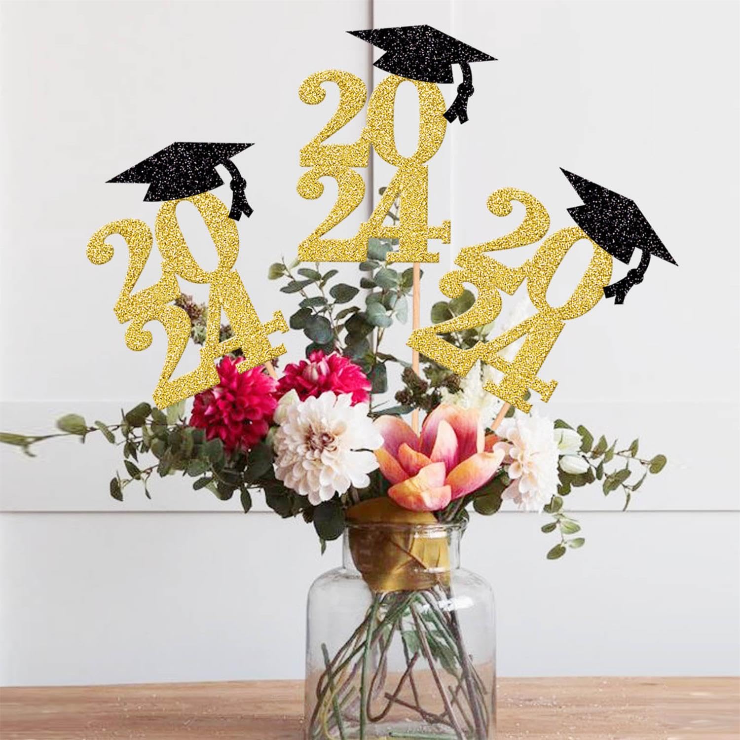ALISSAR 10 Pack Glitter Gold Double Sided 2024 Graduation Party Centerpiece Sticks Glitter Table Topper Party Supplies (2024 Cardstock, gold)