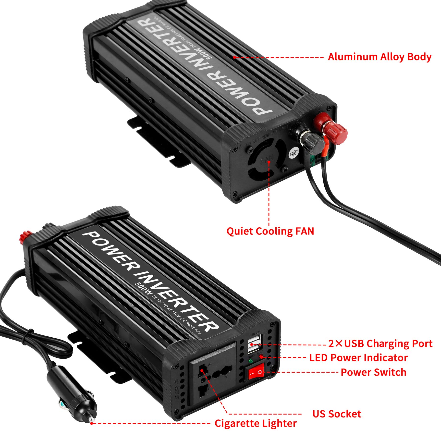 500W Power Inverter DC 12V to AC 110V Converter with 2.1A Dual USB Fast Charging Ports,Car Outlet Adapter Charger Plug Converter with Cigarette Lighter,Alligator Battery Clamp