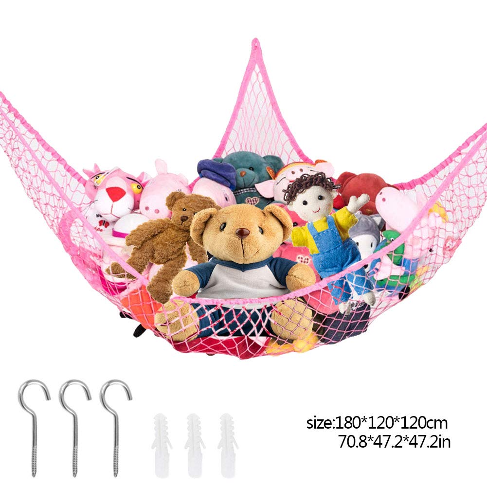 Toy Storage Hammock Net Wall Sling Corner Mesh Nets Stuffed Animal Organizer Storage Net Best for Keeping Rooms Clean for Kids Toys Toy is Durable and Easy to Install Pink