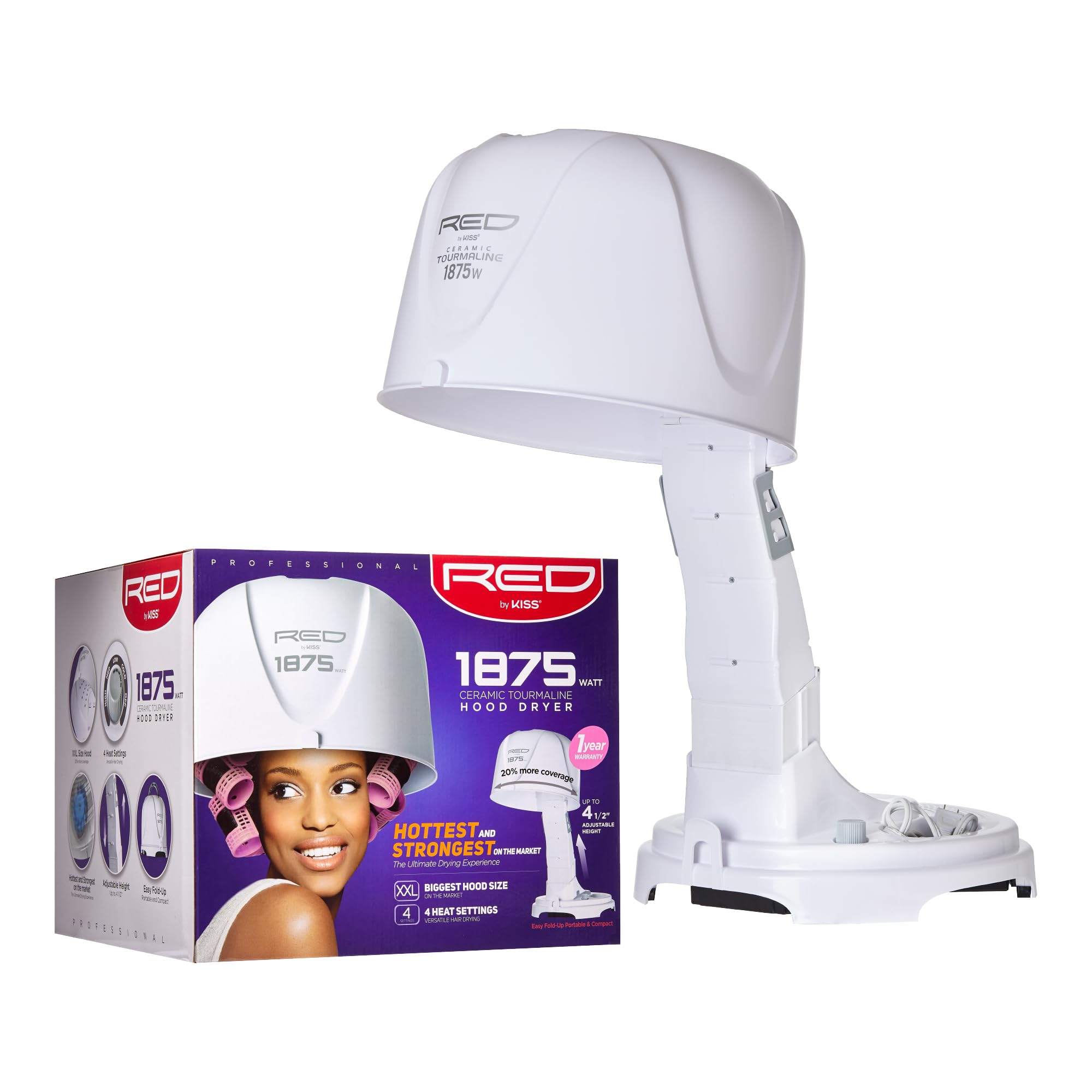 RED by KISS 1875 Watt Ceramic Tourmaline Hood Dryer, 4 Heat Settings Blow Dryer for Home & Salon, Height Adjustable Convenient Hooded Hair Dryer