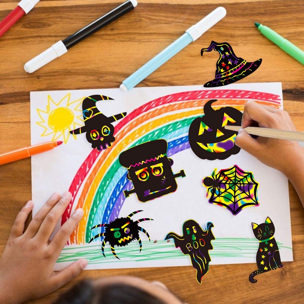 CCINEE 80pcs Halloween Theme Scratch Paper Rainbow Scratch Art Paper Craft Kit with 12pcs Wooden Styluses and 80pcs Ribbons for Halloween Party Supplies
