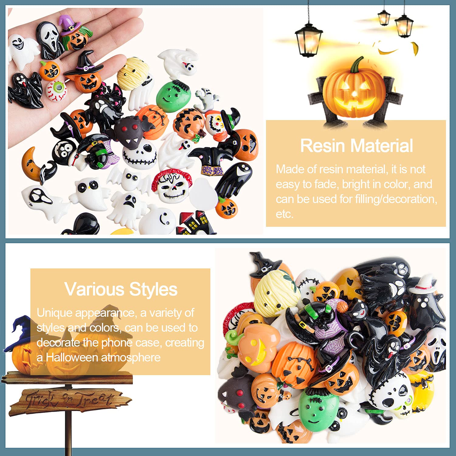 50PCS Halloween Slime Charms Kalolary Halloween Resin Flatback Charms Pumpkin Ghost Spider Skull Embellishments Ornaments Kawaii Halloween Buttons Miniatures for Craft Scrapbook Phone Case DIY Making