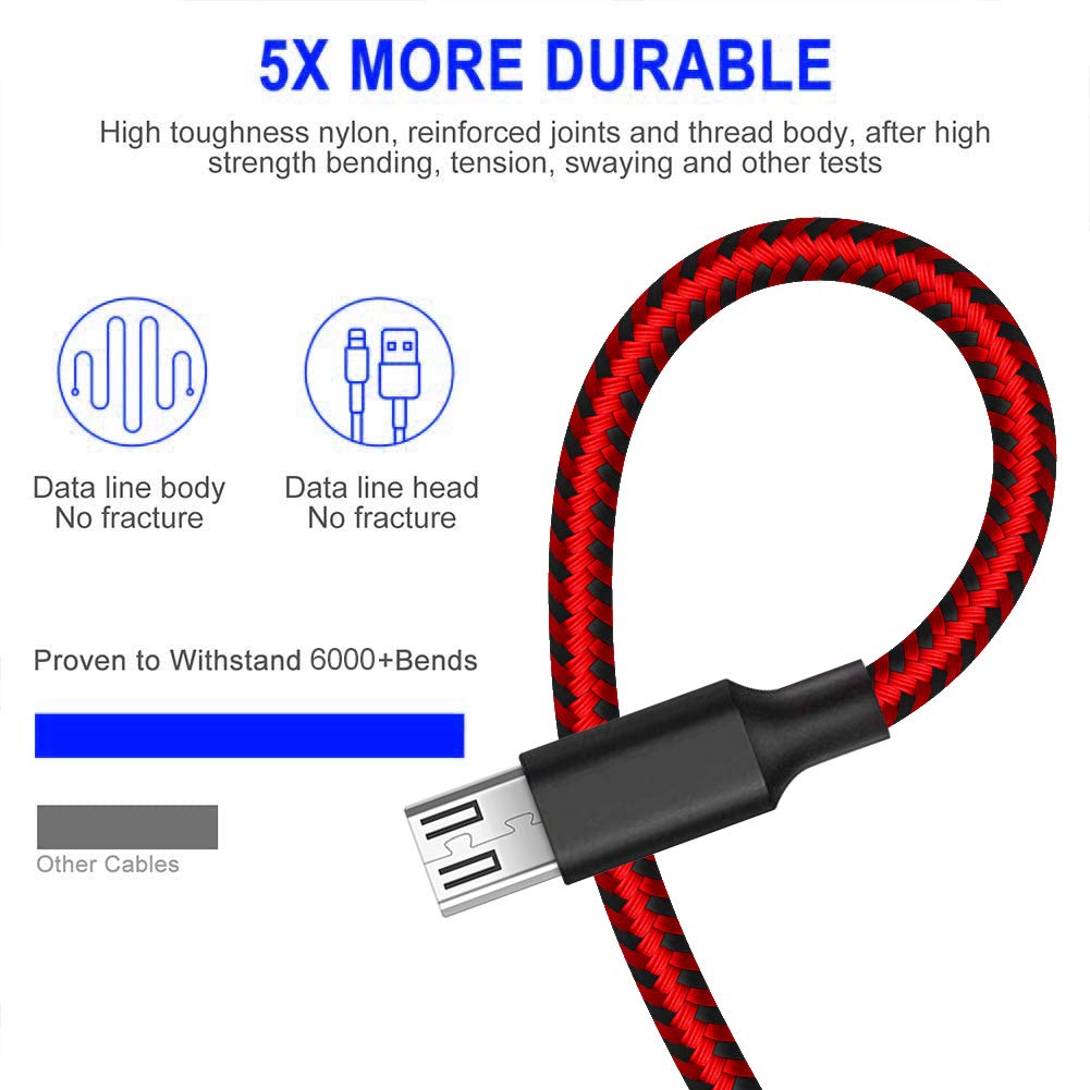 6FT Micro USB Cable Android Charging Cable Fast Phone Charger Cord Compatible with Kindle Fire 7/8 Tablet/Fire Stick,Samsung Galaxy S7 S6 Edge,Galxy Tab A 10.1,Xbox Controller,Playstation 4(Red Black)