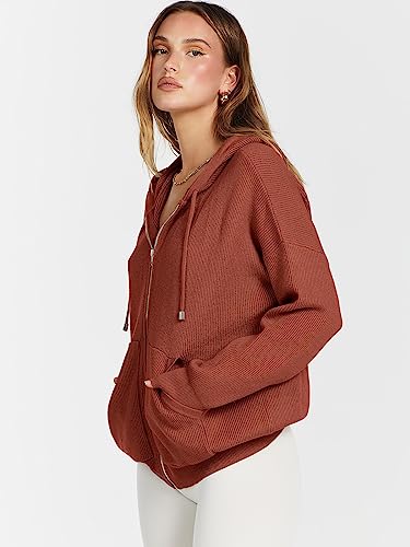ANRABESS Women's Sweater Hoodies 2023 Fall Oversized Full Zip Up Jackets Long Sleeve Crewneck Sweatshirt Casual Loose Ribbed Knit Pullover Top with Pocket 791xiuhong-L Rust