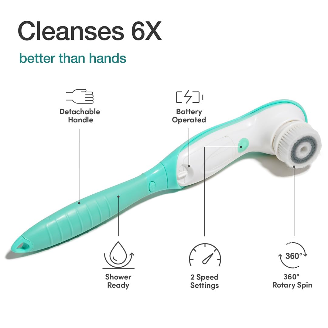 Fancii 7 in 1 Electric Waterproof Facial & Body Cleansing Brush Kit with Handle and 6 Brush Heads - Best Advanced Spin Brush Scrub System for Face & Body (Aqua)