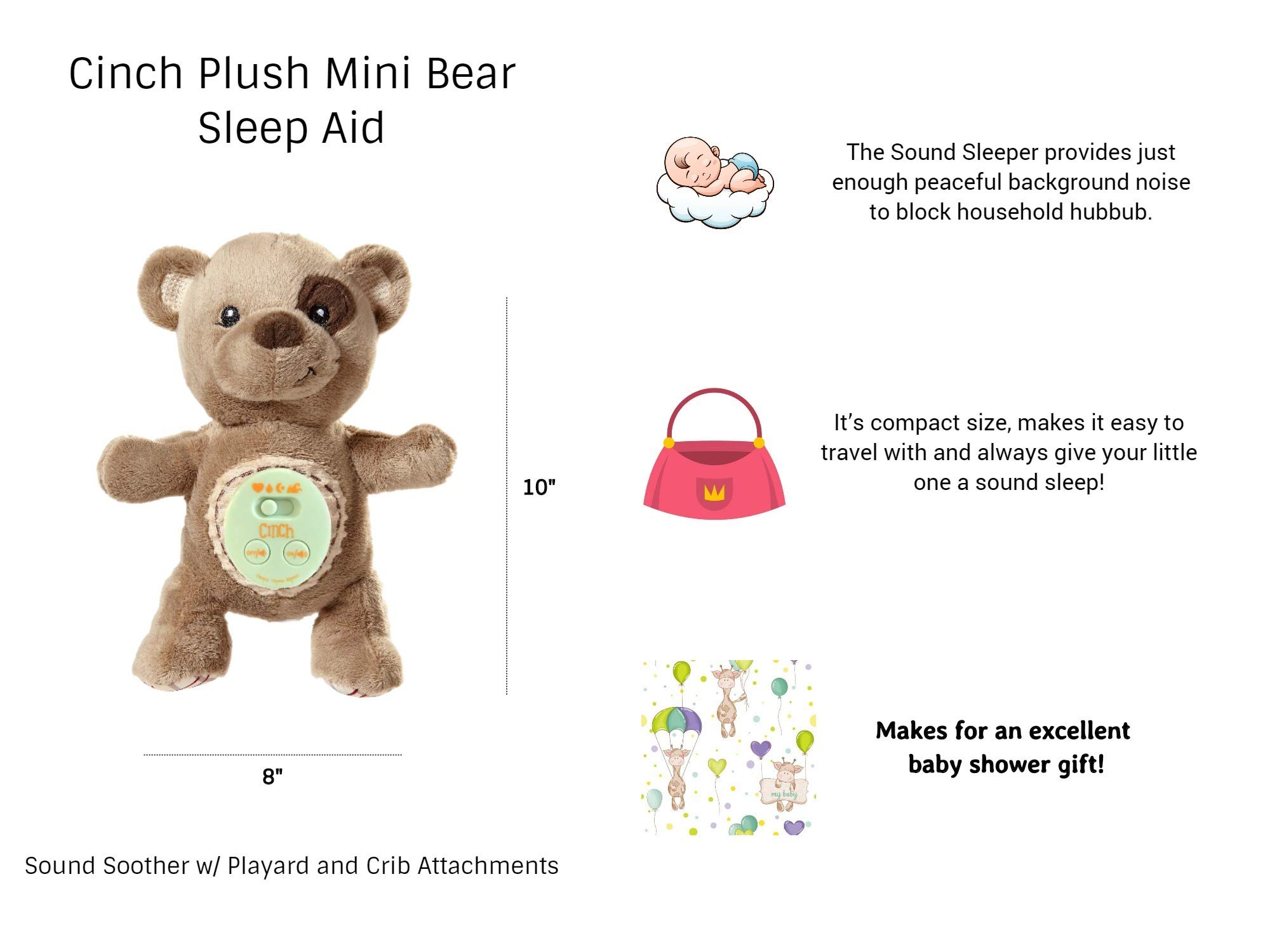Cinch by dexbaby Plush Mini Bear - Sleep Aid Womb Sound Soother w/ Playard and Crib Attachment