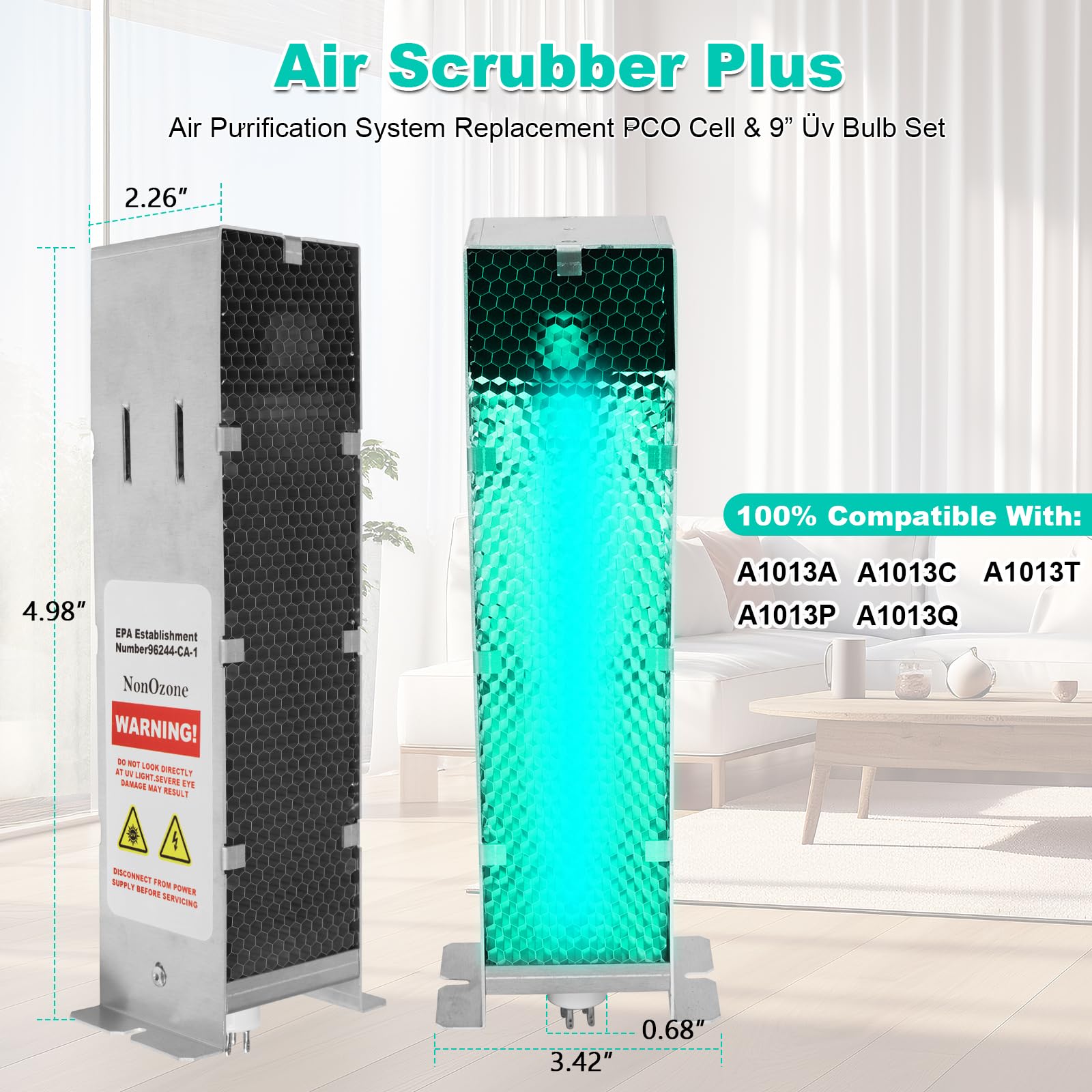 Air Scrubber Plus Advanced Photocatalytic Oxidation (PCO) 9 Inch Replacement Cell and Üν Bulb,Ozone Free, 100% Compatible with A1013A A1013C A1013P A1013Q A1013T A1013U... Rated Time 18,000h, 1 Pack