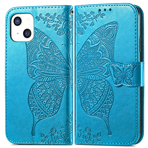 Designed for iPhone 13 Case Wallet for Women,Flip Folio Cover with Butterfly Embossed PU Leather Kickstand Credit Card Holder Slots Magnetic Wrist Strap Protective Phone Case for iPhone 13 (Blue)
