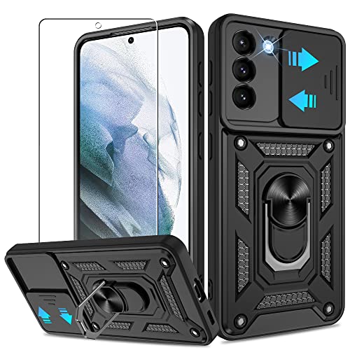 ATUMP Samsung Galaxy S21 Case,Compatible with Samsung Galaxy S21 Case with HD Screen Protector with Slide Camera Cover, 360° Rotation Ring Kickstand [Military Grade] Case for Samsung S21,Black