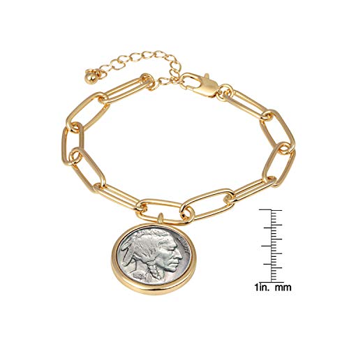 Buffalo Nickel Coin Elongated Link Bracelet | Goldtone Clip Style | 7 Inch 3 Inch Extender with Lobster Claw Clasp | Certificate of Authenticity