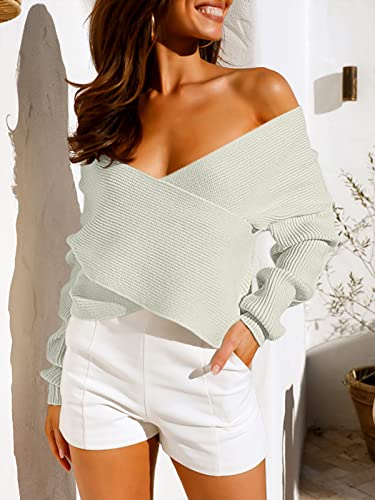 ANRABESS Women’s 2022 Fall Fashion Long Sleeve Off Shoulder Crissover V Neck Knit Cropped Sweater Top 641qianhui-S Gray