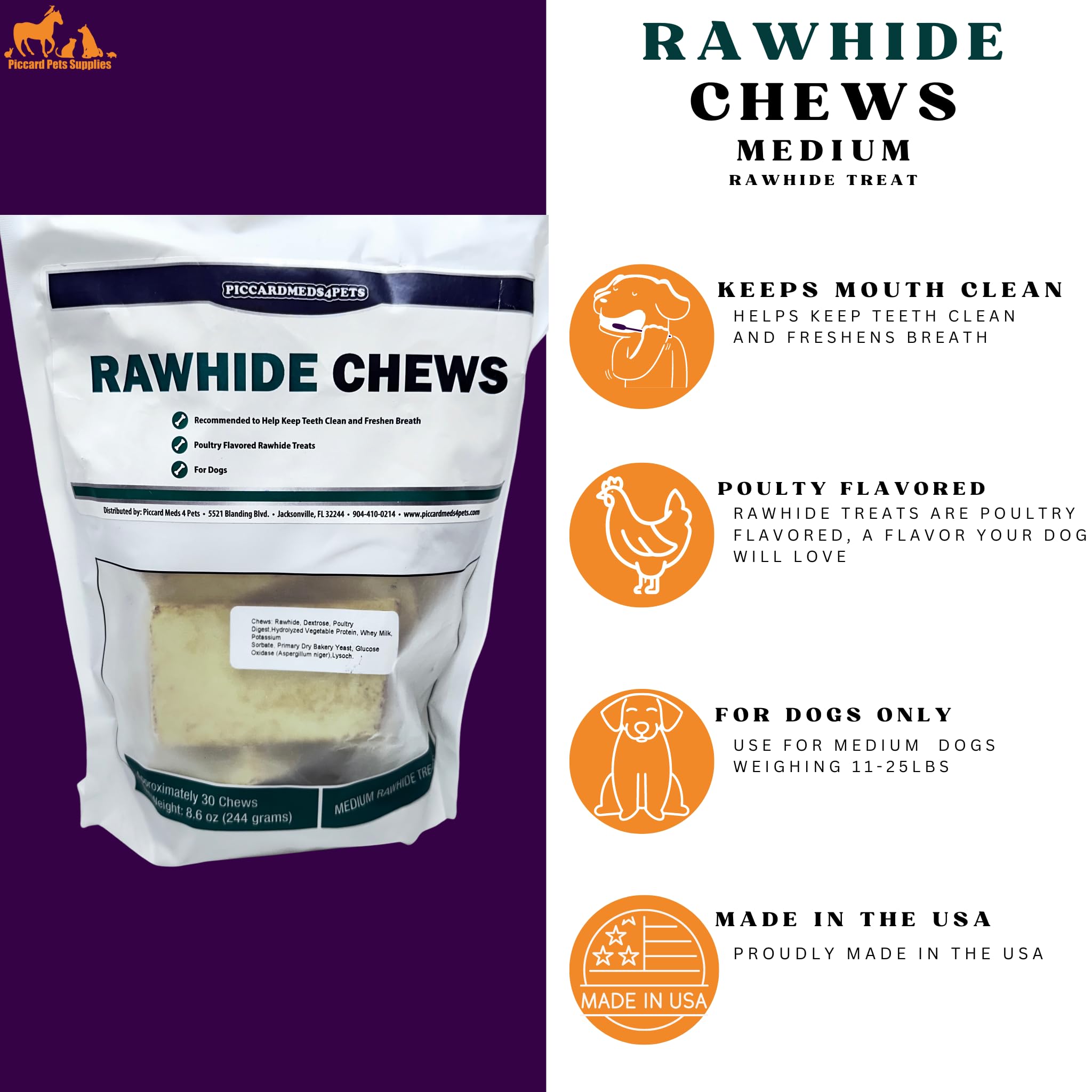 PICCARDMEDS4PETS Rawhide Dental Chews, Poultry Flavored Treats for Med Dogs 11lbs-25lbs.