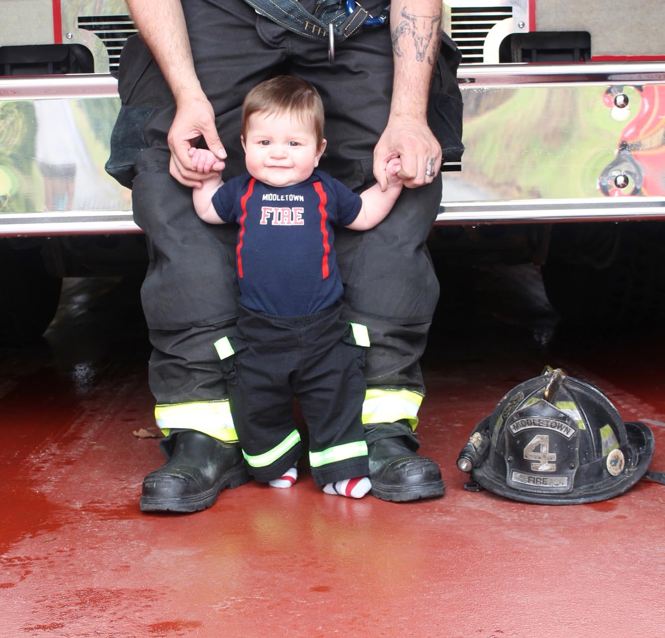 Fully Involved Stitching Firefighter Personalized Navy Baby Bodysuit (3 Months)