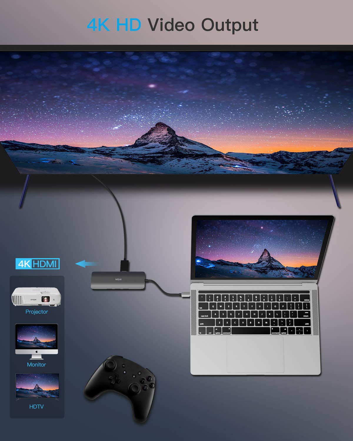 MSVII USB C Hub, 9 in 1 USB Type C Adapter with Ethernet, 4K USB C to HDMI, 3 USB 3.0 Ports, SD/TF Card Reader, 3.5mm Audio Jack, PD Fast Charging for Mac Book Pro and Other Type-C Laptops