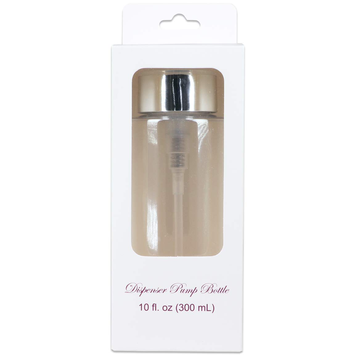Pana 10oz. Push Down Clear Plastic Liquid Dispenser Bottle for Alcohol, Toner, Cleanser & Makeup Remover (No Wording, Clear W/Silver Chrome)