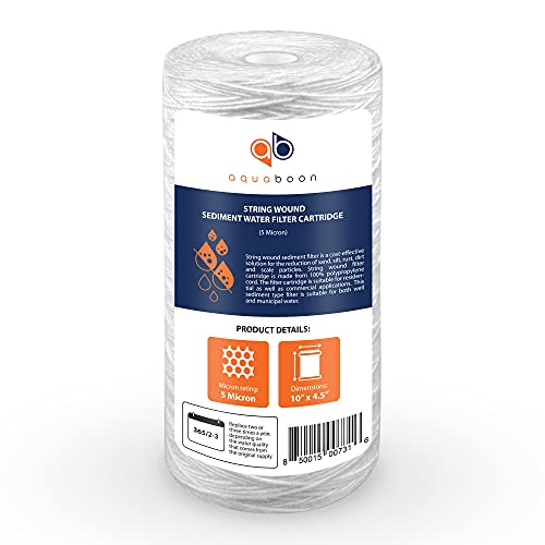 Aquaboon 5 Micron 10"x4.5" BB String Wound Sediment Water Filter Cartridge | Whole House Sediment Filtration | Compatible with 84637, WPX5BB97P, PC10, 355214-45, 355215-45, WP10BB97P WP5BB97P 4-Pack