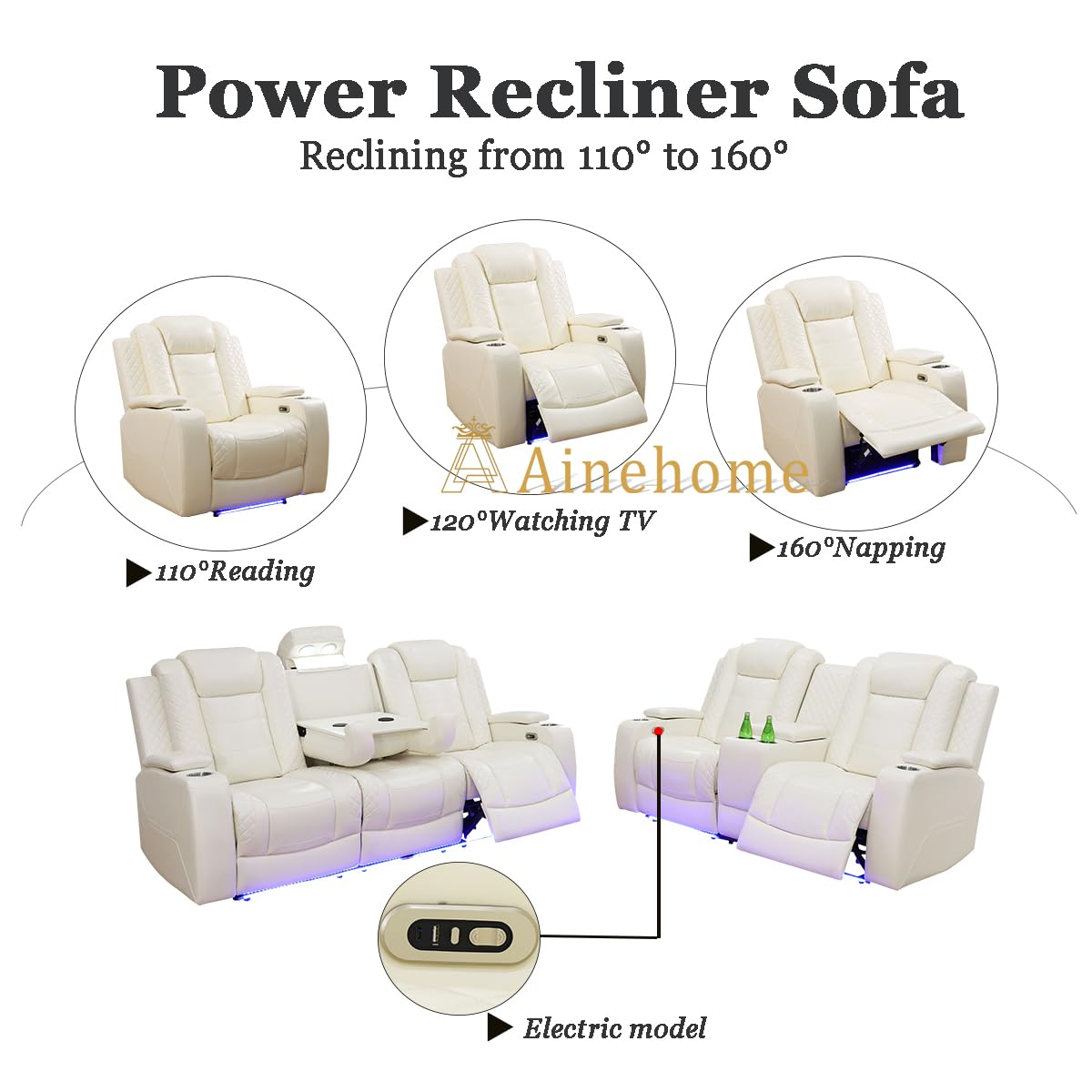A Ainehome Power Leather Recliner Sofa Set with LED Lights, Recliner Sofa Sectional Couches for Living Room, Reclining Sofa and loveseat with USB Port/Storage Console(Creamy White,Sofa+loveseat)