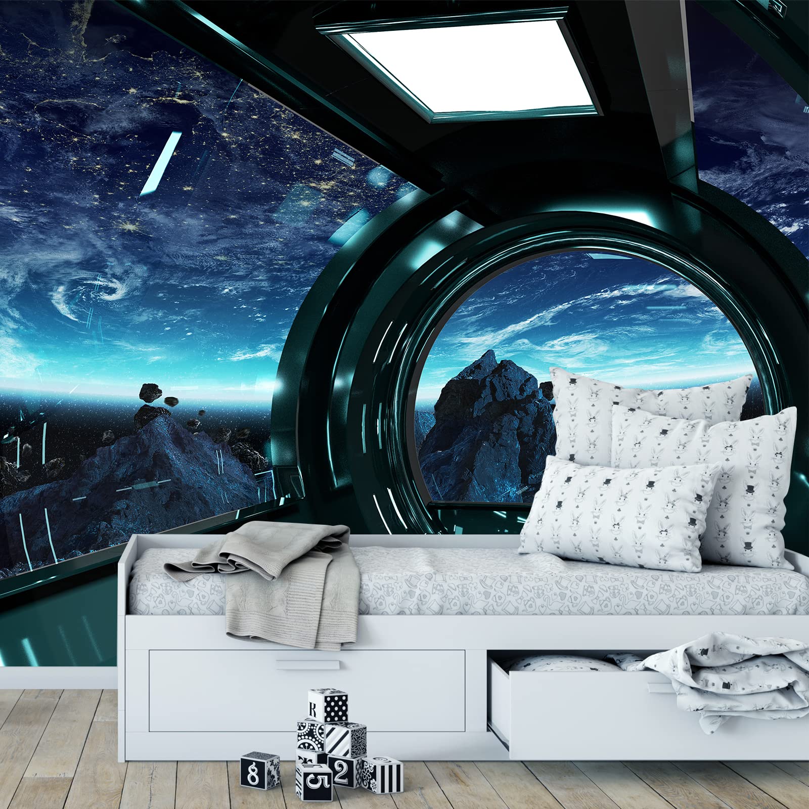 79x40 Inch Large Spaceship Wall Decal Outer Space Views from The Spaceship Removable Self-Adhesive Large Spaceship Wallpaper for Kids Bedroom Living Room Decor