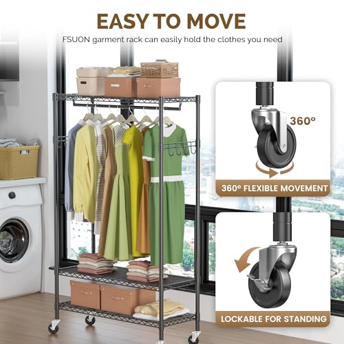 FSUON Heavy Duty Rolling Garment Rack, 1" Diameter Rods, 3 Tiers Adjustable Wire Shelving Clothes Rack with Double Rods and Side Hooks, Freestanding Wardrobe for Hanging Clothes, Black