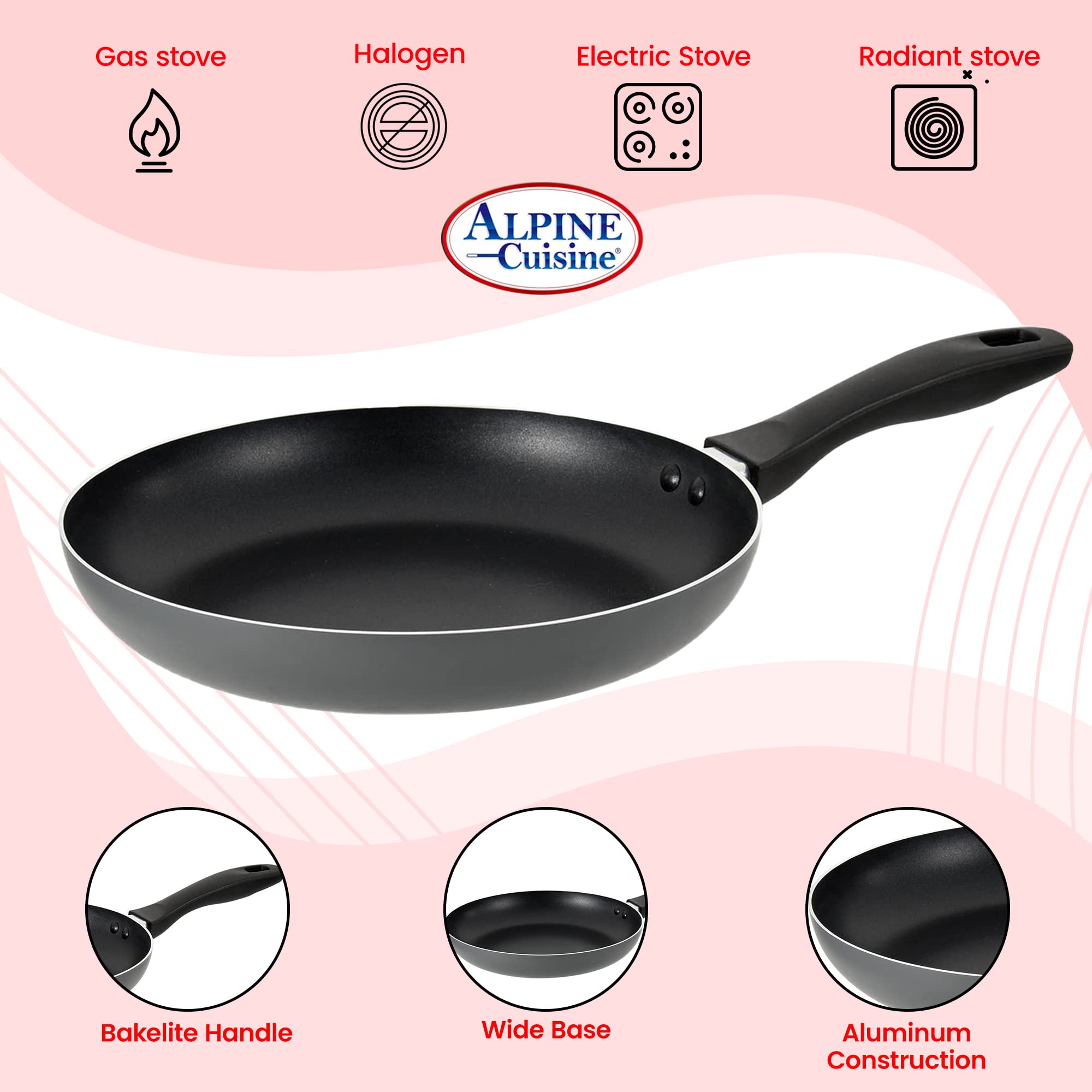 Alpine Cuisine 10 Inch Nonstick Saute Fry Pan Gray with Ergonomic Handle & Aluminum Cooking Pan, Ideal for Family, Durable & Evenly Heated
