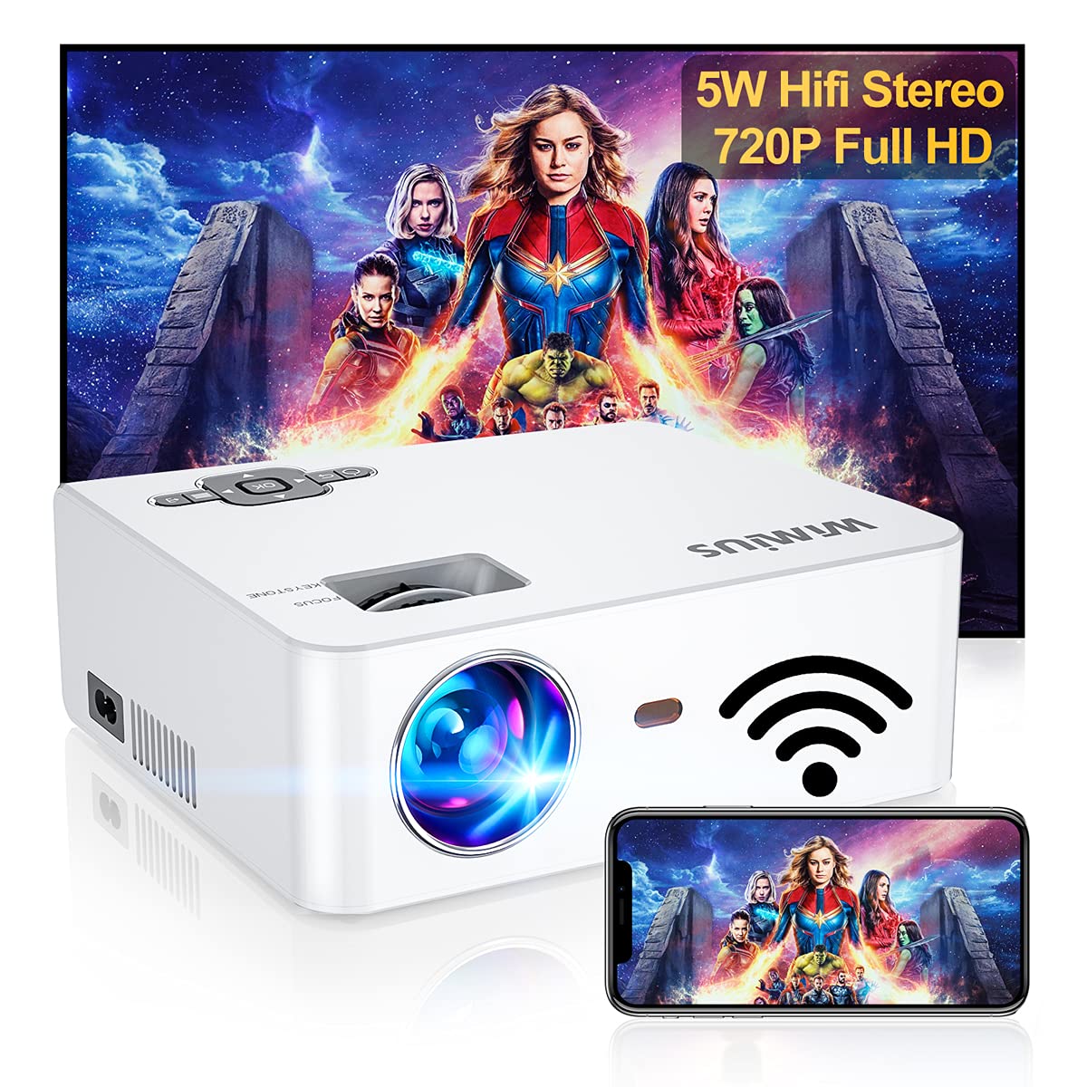 5G WiFi Bluetooth Projector 4K Support, 450 ANSI Native 1080P WIMIUS W6 Outdoor Movie Projector with 300" Display , 4P/4D Keystone, 50% Zoom, Video Projector Compatible iOS/Android/TV Stick/PS4/PPT