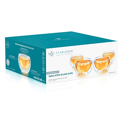 Teabloom Double Walled Cups (5 oz / 150 ml) β Set of 4 Insulated Glass Cups for Tea, Coffee, Espresso, Wine and More β Classica Teacups Collection