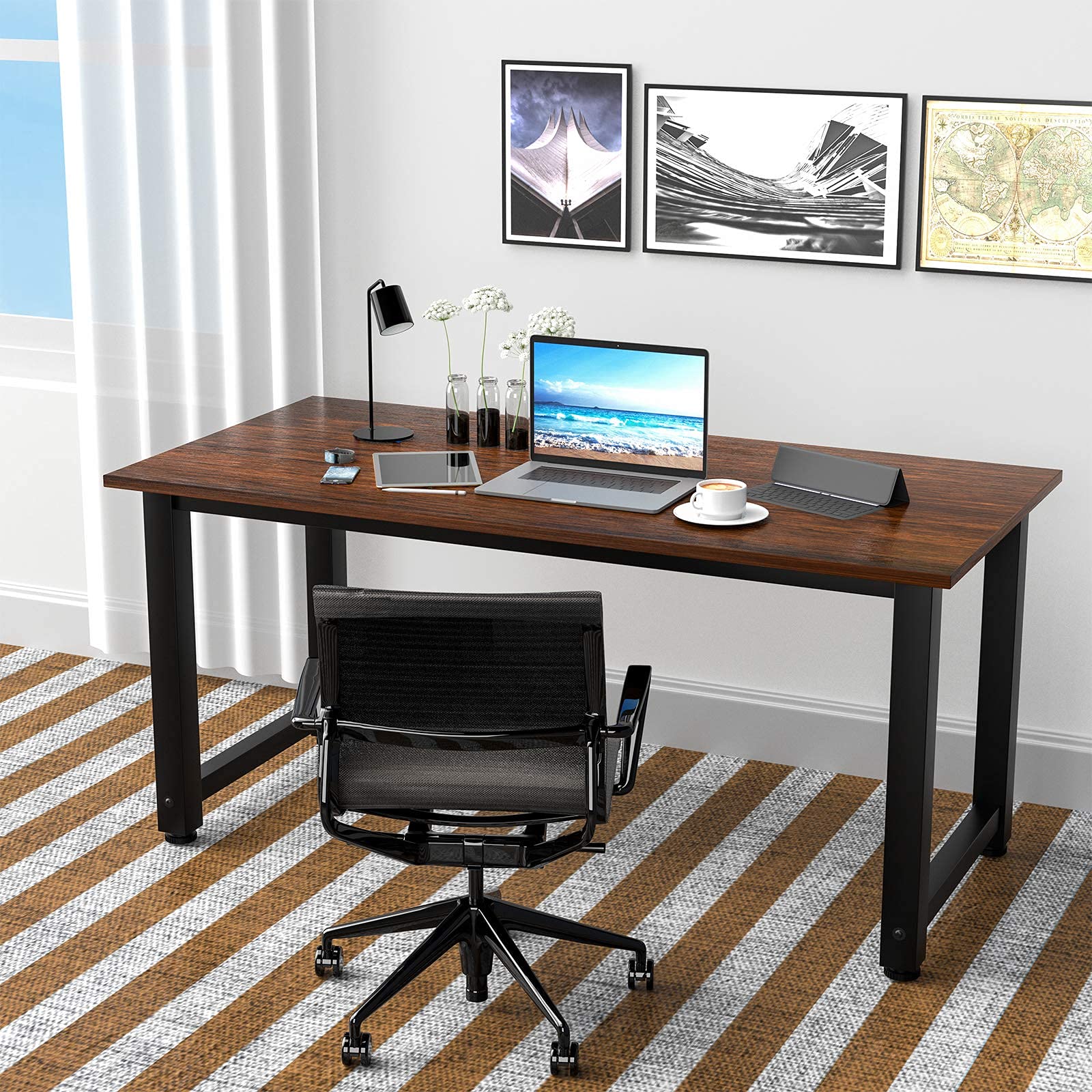 Computer Desk Writing Desk Office Desk Home Desk 63" Metal Frame Sturdy Stable Laminated MDF Desktop Anti Scratch,for Writing,Games and Home Work Desk Modern Finish Wood Board and Sturdy Steel Legs
