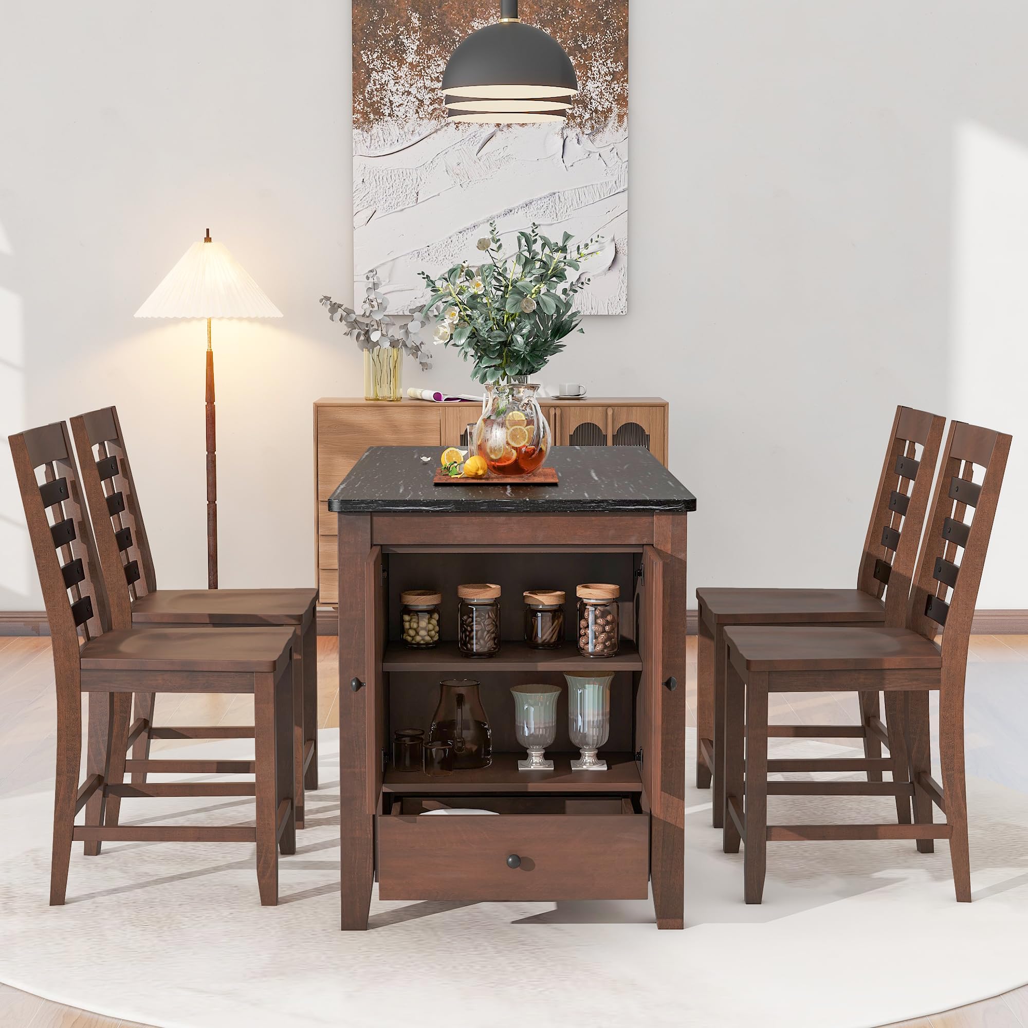 5-Piece Rectangular Dining Table Set with 4 Ergonomic Ladder Back Chairs, Side Cabinet for Storage and Faux Marble Tabletop, Kitchen Furniture w/ Lighter Trenches At Seat Top, for Family, Dark Walnut