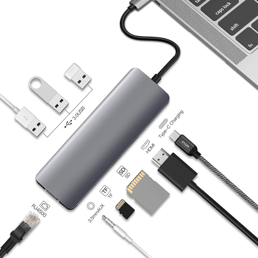 MSVII USB C Hub, 9 in 1 USB Type C Adapter with Ethernet, 4K USB C to HDMI, 3 USB 3.0 Ports, SD/TF Card Reader, 3.5mm Audio Jack, PD Fast Charging for Mac Book Pro and Other Type-C Laptops