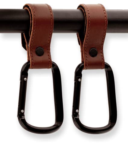 Brute Strength - Leather Stroller Hooks - Cognac 2X - Full Grain Leather - Mommy Hook - Stroller Clip - Bag Hook - Straps with Hooks - Carabiner Hook Clips