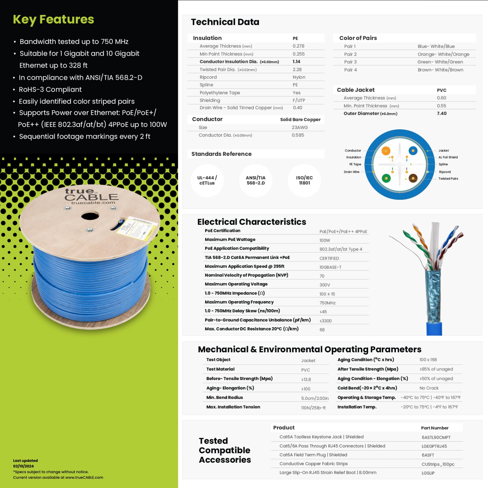 trueCABLE Cat6A Shielded Riser (CMR), 1000ft, Blue, 23AWG Solid Bare Copper, 750MHz, PoE++ (4PPoE), ETL Listed, Overall Aluminum Foil Shield (F/UTP), Bulk Ethernet Cable
