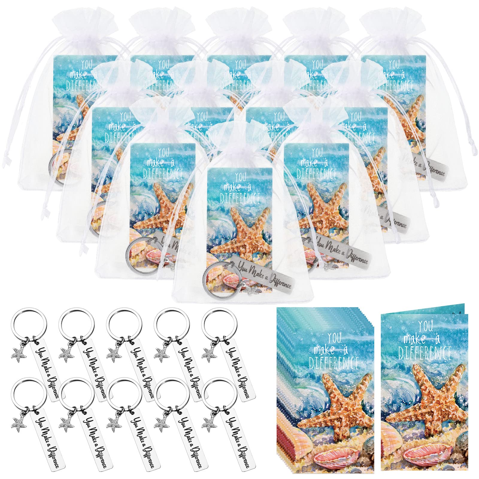 Unittype 180 Pcs Starfish Story Gift Bulk Employee Appreciation Keychain Starfish You Make a Difference Cards Thank You Gifts with Organza Bags for Coworker Teachers Nurse Day Gift