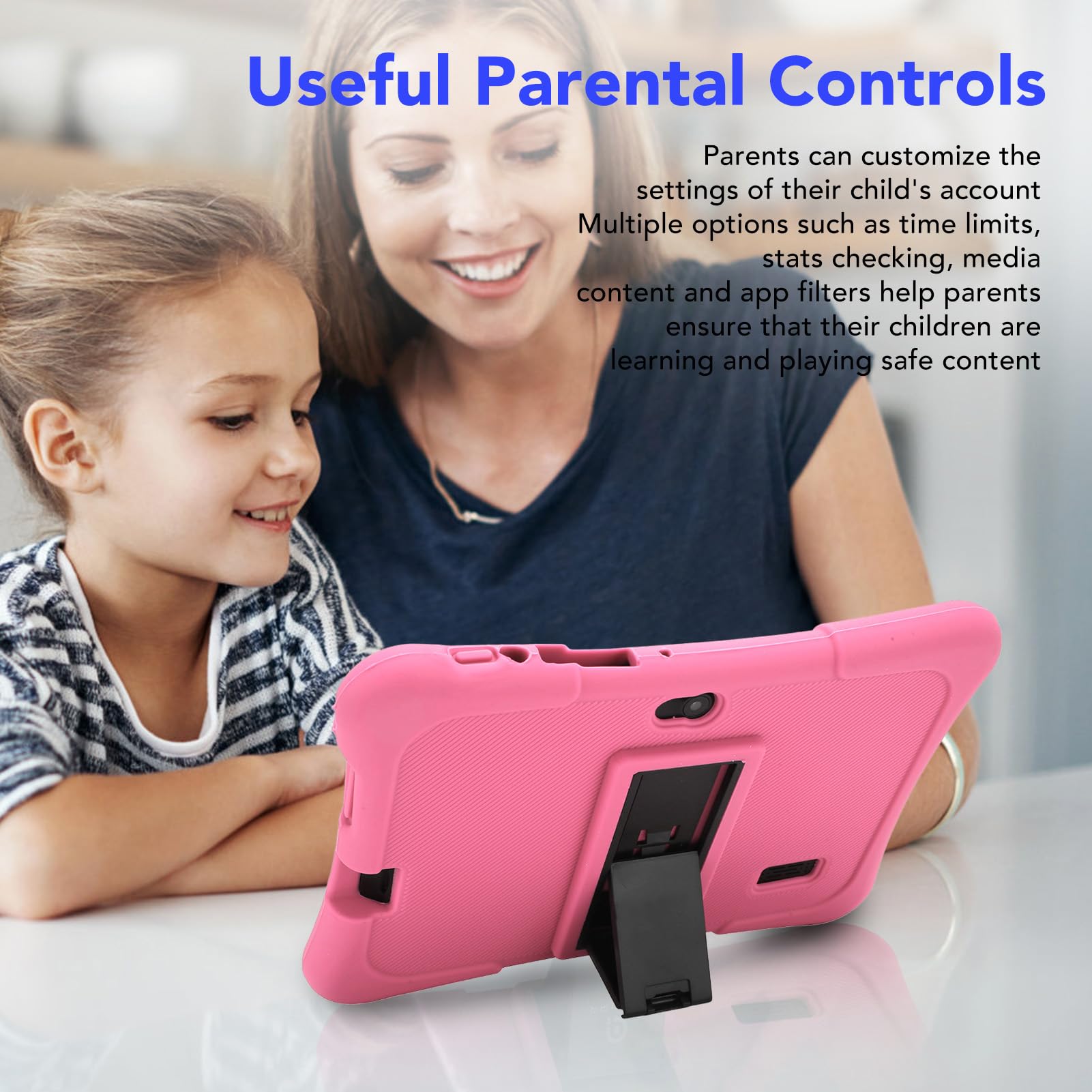 7inch Kids Tablet for Android 10.0, Children Tablet with 1GB RAM and 32 GB ROM, Support Bluetooth, WiFi, GMS, Parental Control, Dual Camera, Shockproof Kickstand Case (US Plug)