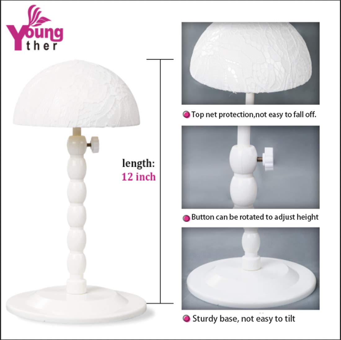 Youngther Wig Stand Adjustable Height Hat Display Portable Folding Wig Head Holders Plastic Wig Stand for Styling Wig Hair Drying Display (White)
