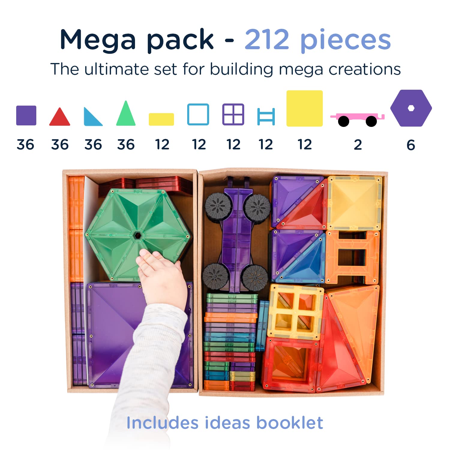 Connetix Tiles 212 Piece Mega Pack, Premium Educational Magnetic Building Set, Features Large Hexagons and Squares, Regular Geometric Tiles, Door and Window Pieces, Fences, 2 Purple Cars, and More