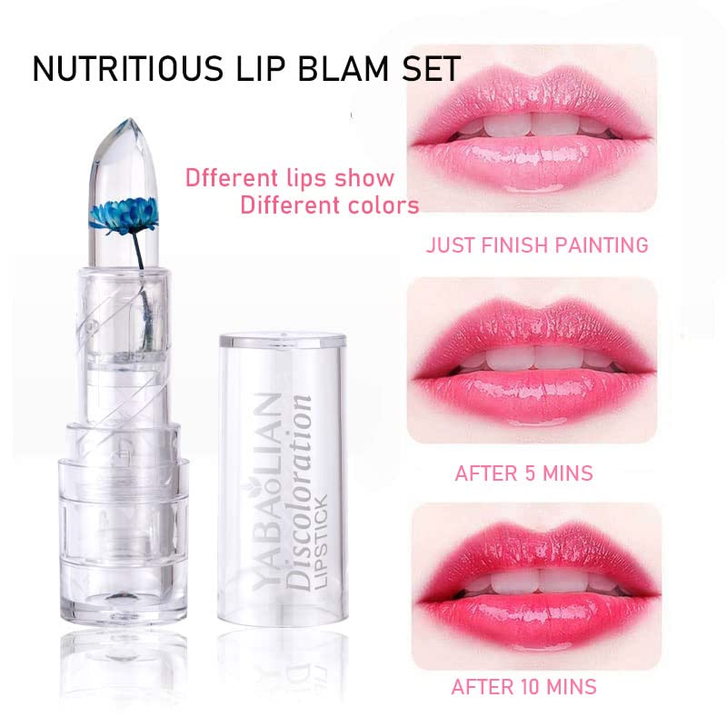 6PACK Clear Crystal Double Flower Jelly Lipstick Set,Magical Mood&Temperature&PH Color Changing Lip Blam, Long Lasting Moisturizing Nutritious Lip Balm and Lip Protection
