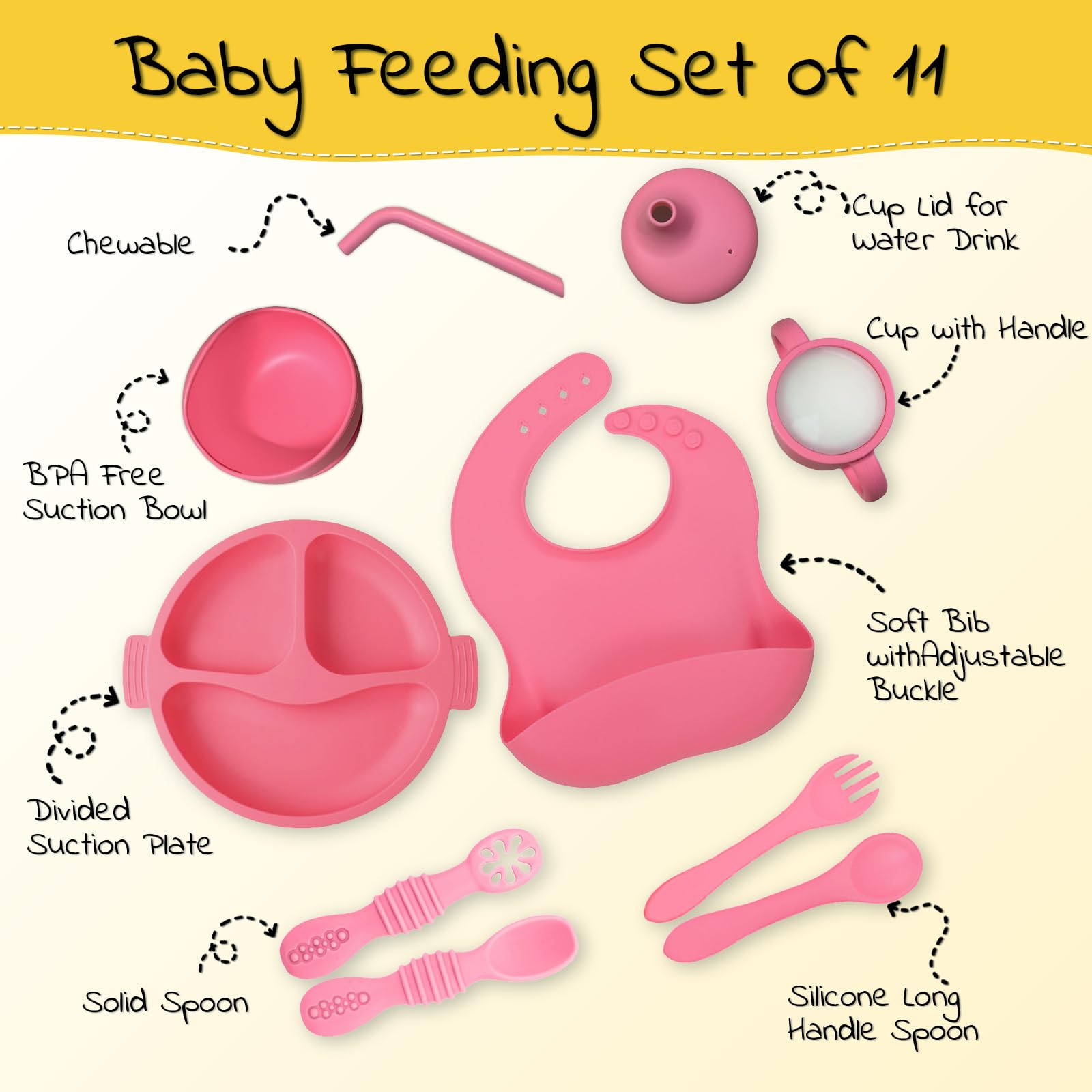 Aainbeots Silicone Baby Feeding Set, 10 Pcs Baby Led Weaning Supplies with Suction Bowl and Plate, baby feeding set with Adjustable Bid,Sippy Cup with Straw and Lid, Mommy Ark Set Suit for 6+Months