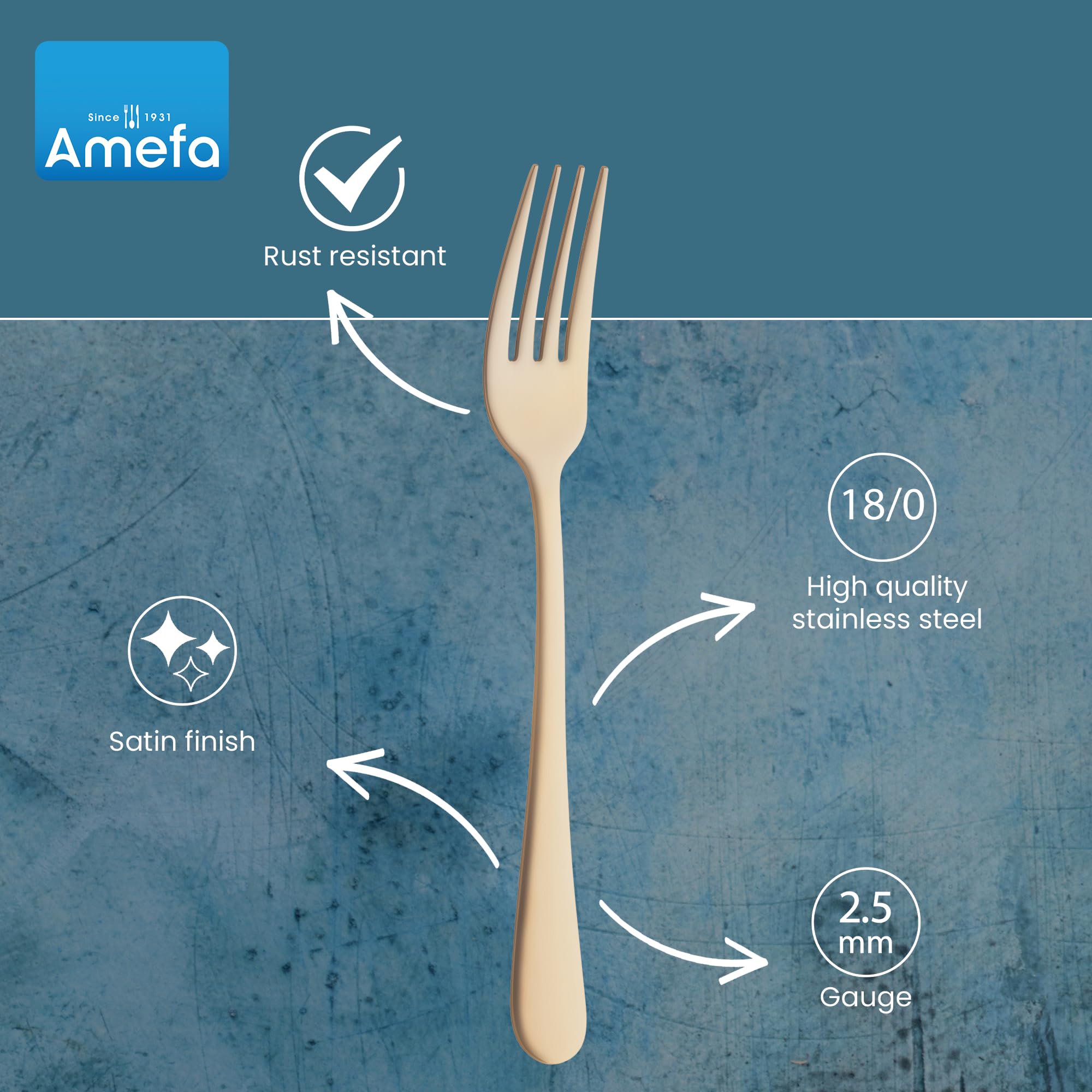 Amefa Austin 20-piece Premium 18/0 Stainless Steel Flatware Set, Satin Golden Finish, Silverware Set Service for 4, Dishwasher Safe, Rust Resistant Cutlery (Gold)