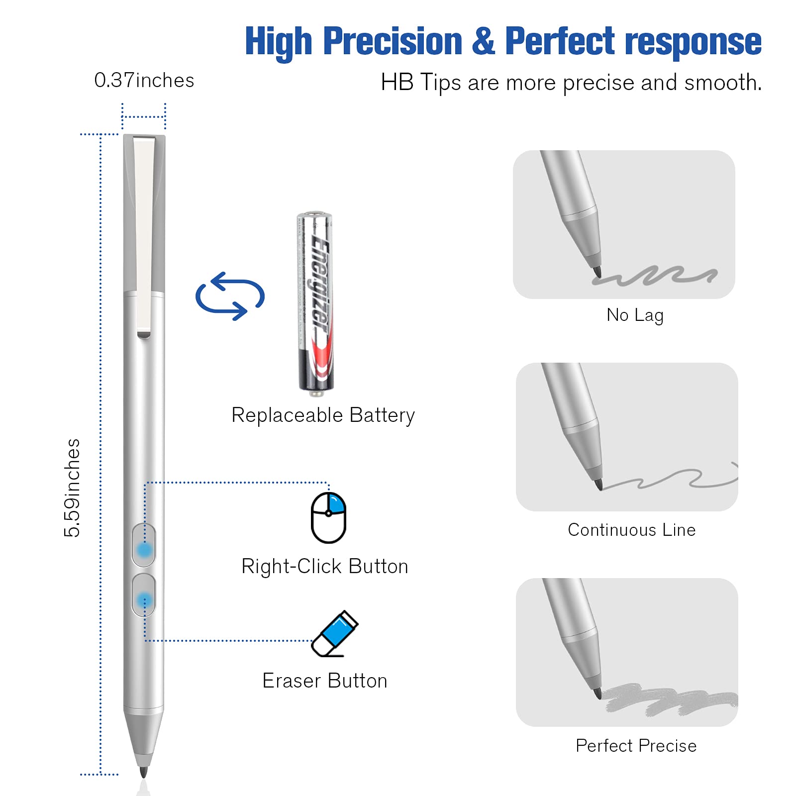 Stylus Pen with MPP Protocol (2500h Battery Life) for Microsoft Surface/HP/ASUS/Dell Touchscreen Laptops, AAAA Battery, Palm Rejection & 1024 Pressure Levels for Creators Students Doers