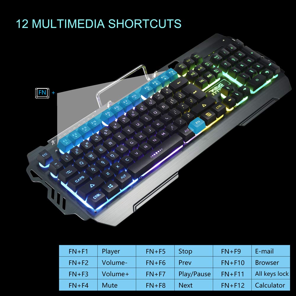 7KEYS Membrane Light up Gaming Keyboard for PC MAC Laptop (104Keys Black wired)