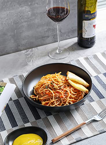 Teocera Pasta Bowls, Large Salad Bowls, Porcelain Bowl Set, Wide and Shallow, Microwave and Dishwasher Safe, 35 Ounce - Set of 4, Matte Black