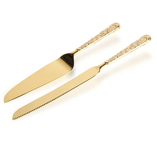 Dicunoy 2 PCS Gold Cake Knife and Server Set, Wedding Cake Cutting Utensils, Vintage Engraved Cake Cutter and Serving Spatula for Birthday, Party, Anniversary