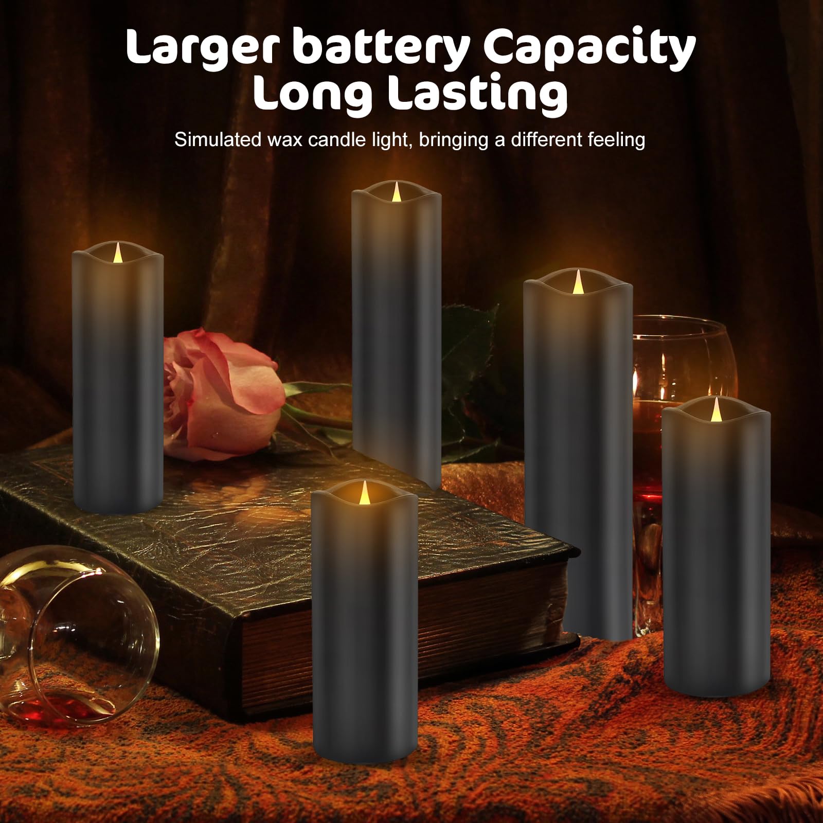ALED LIGHT Black Real Wax Rechargeable Flameless Candles Flickering Realistic,Rechargeable LED Pillar Candles with Remote for Home Decor Idea Gift,Pack 5(D 2.2”X H 5”5.5”6”7”8”)